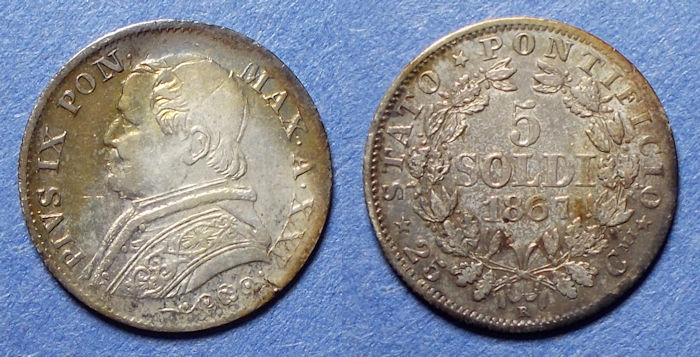 Papal States, Pius IX 1867, Silver 5 Soldi | European Coins