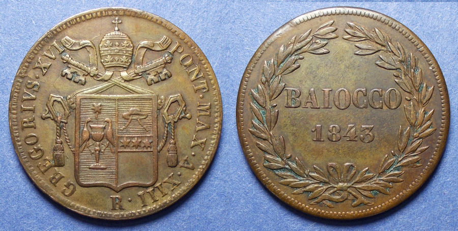 Italy, Papal States, Gregory XVI 1843, AE Baiocco | European Coins