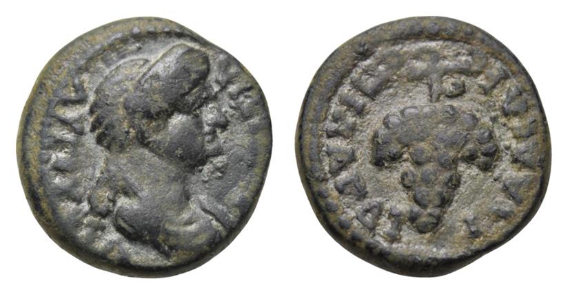 Domitia, AE-14. Lydia, Philadelphia. Bunch of Grapes. VF | Greek Coins