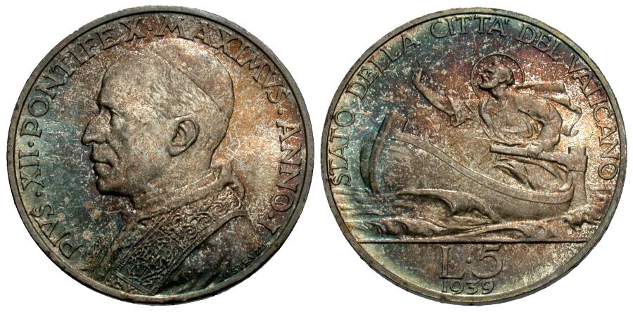 Vatican City. Pius XII. 1939//Anno I. 5 lire. Choice BU, attractive iridescent toning.