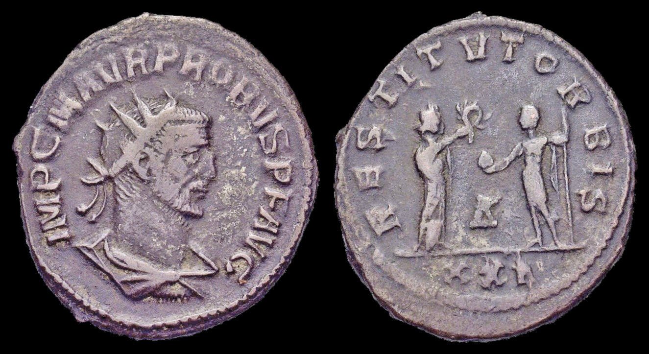 Probus AE antoninianus female figure presenting wreath to Probus