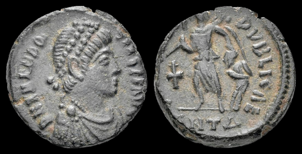 Theodosius I AE4 Victory advancing left | Roman Imperial Coins