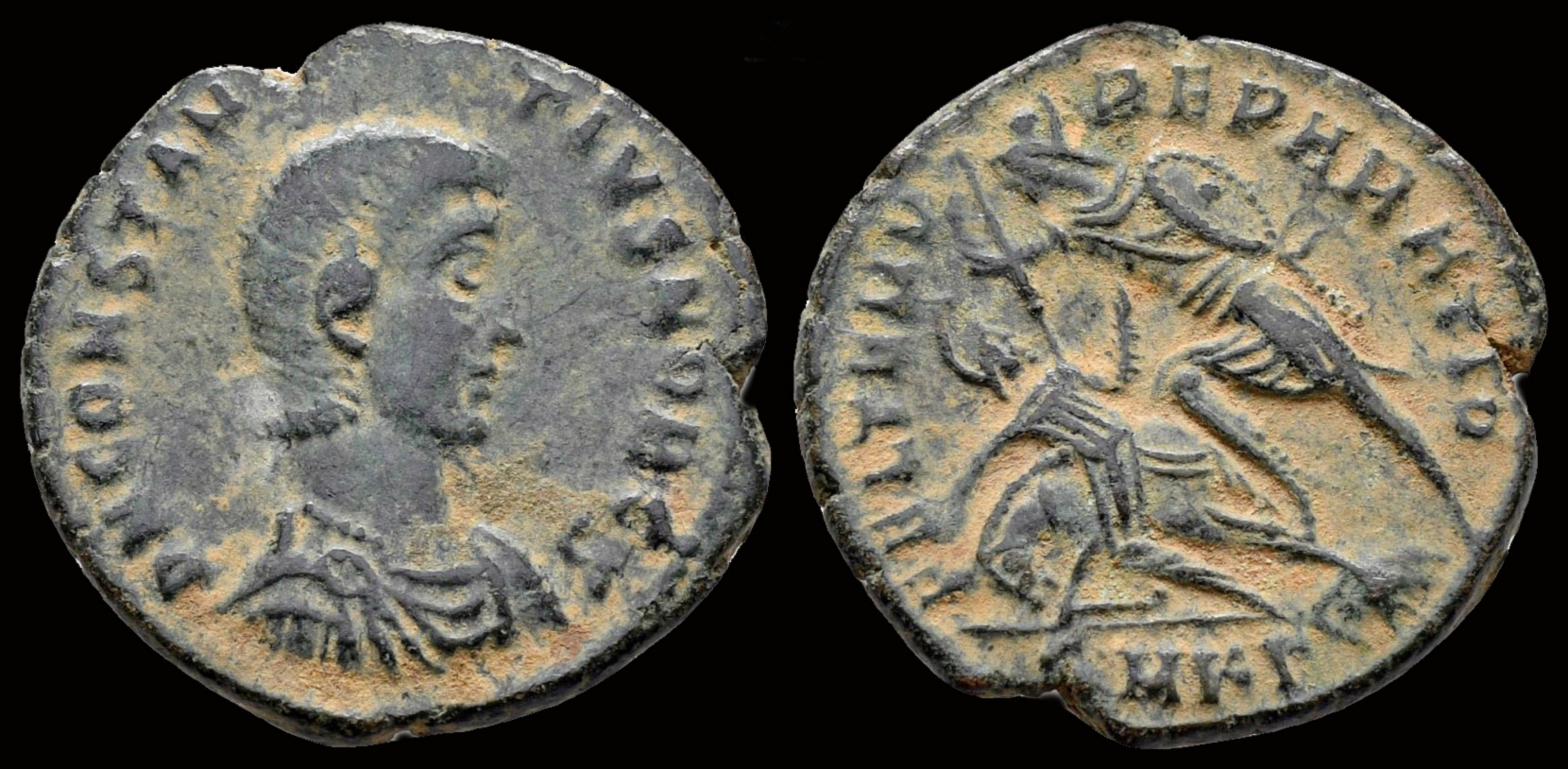 Constantius Gallus, as Caesar AE follis soldier spearing fallen horseman