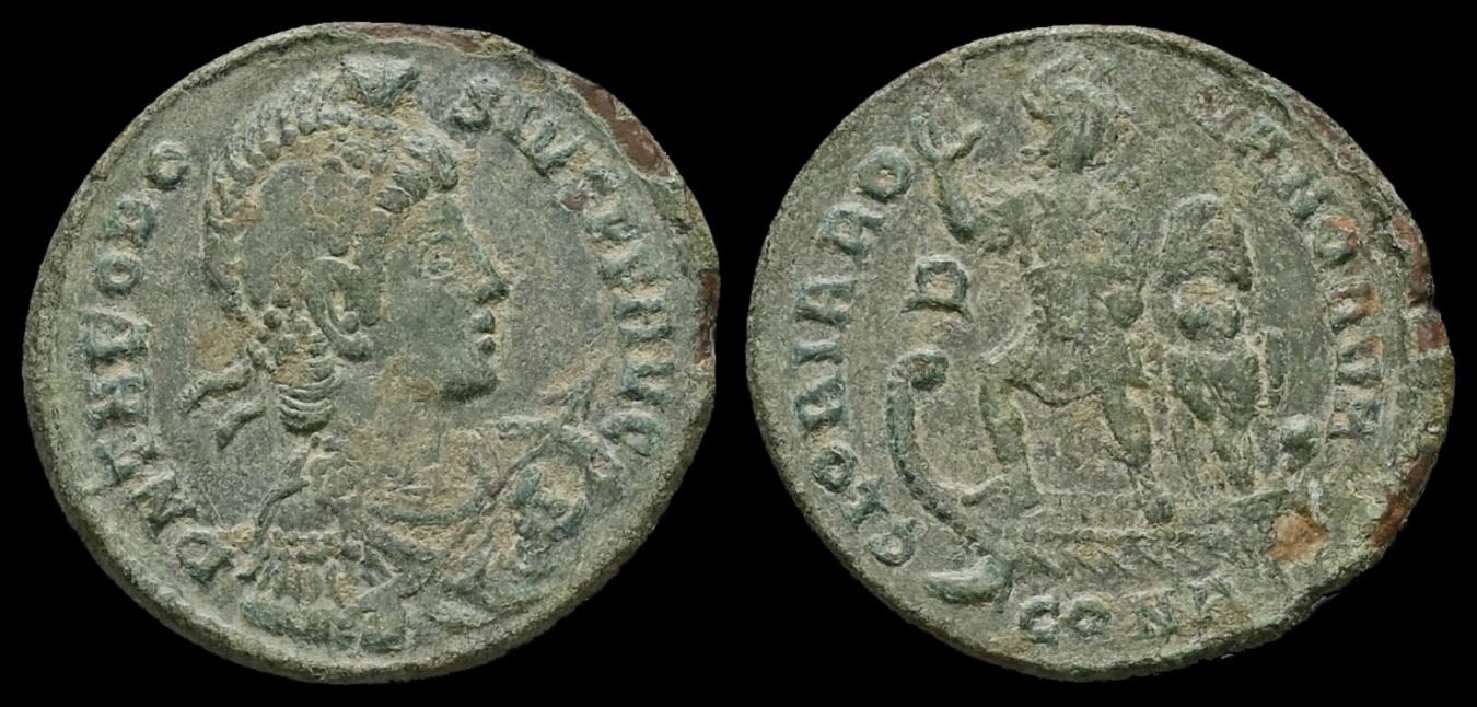 Theodosius I AE24 emperor standing facing on ship | Roman Imperial Coins