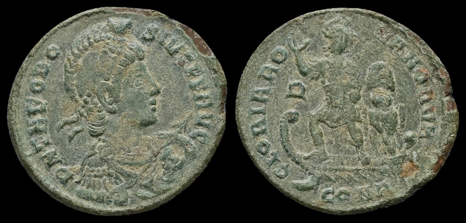 Theodosius I AE24 emperor standing facing on ship | Roman Imperial Coins