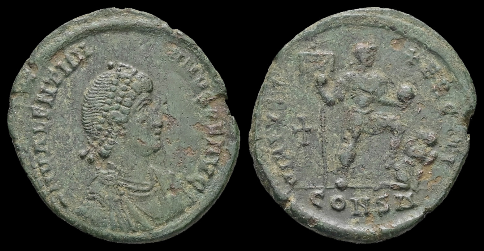 Valentinian II AE24 emperor standing right with standard and globe