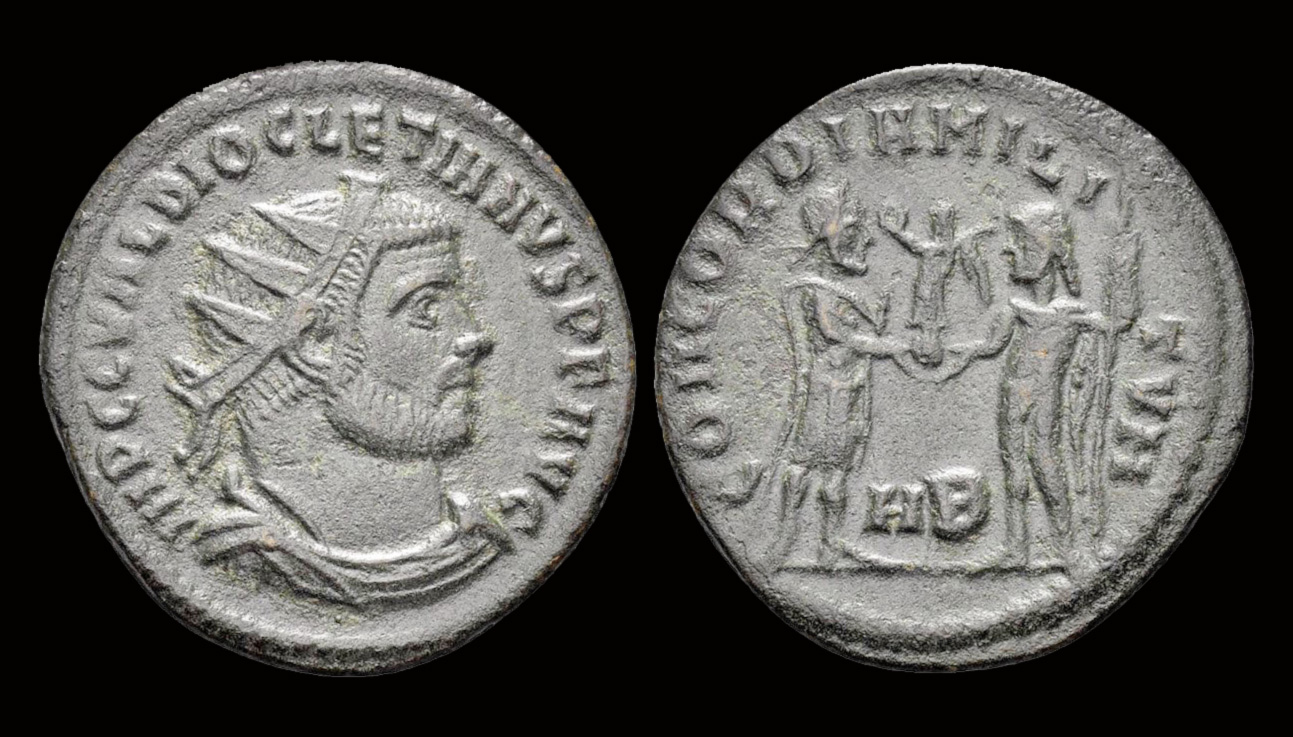 Maximianus Herculius AE radiatus Jupiter presents Victory on a globe