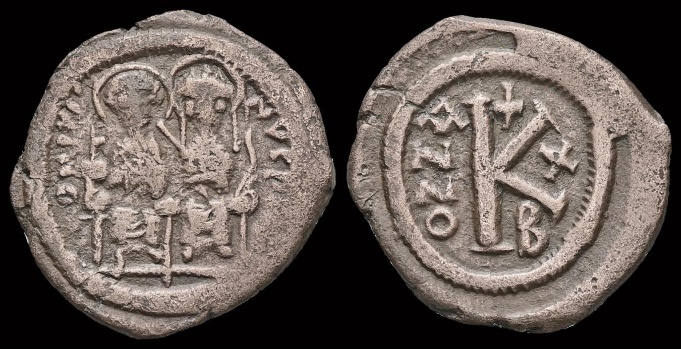 Justin II and Sophia AE half follis large K | Byzantine Coins