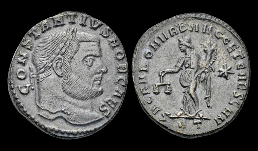 Constantius I Chlorus, as Caesar, AE follis Moneta standing left