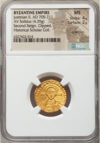 Justinian II Rhinotmetus, Second Reign (AD 705-711). AV solidus (19mm ...