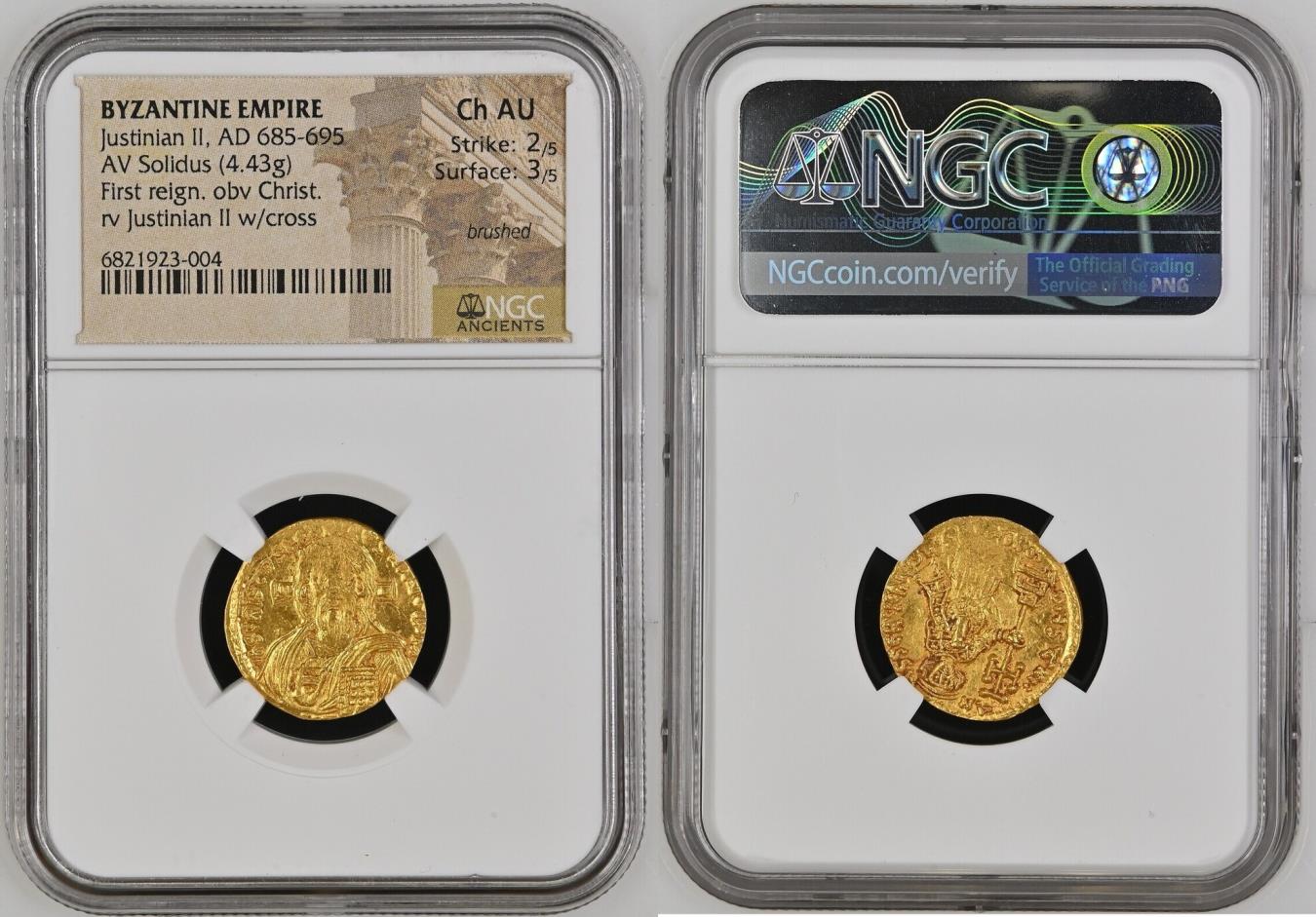 Justinian II, First Reign (AD 685-695). AV solidus (19mm, 4.43 gm, 7h ...