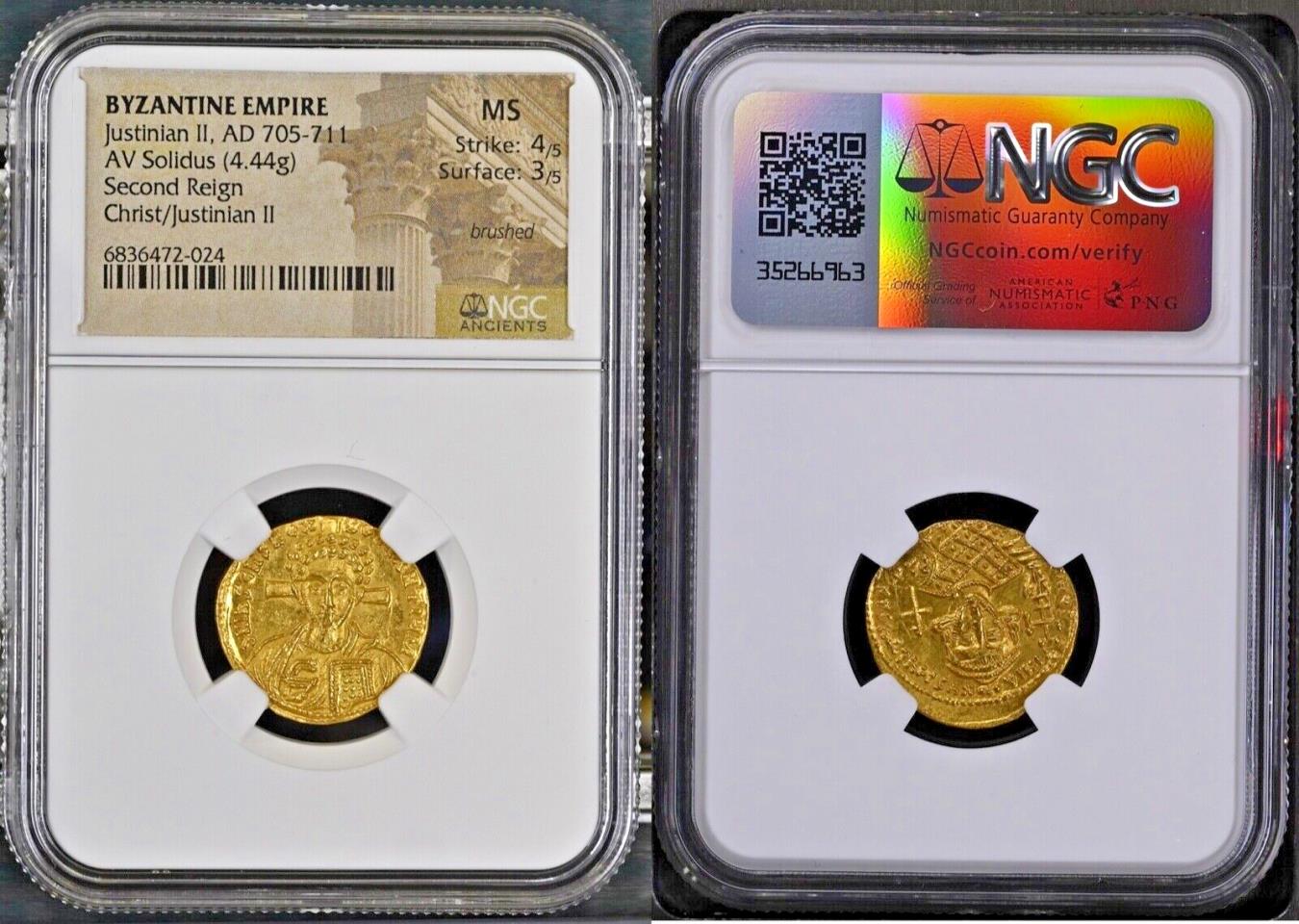 Justinian II Rhinotmetus, Second Reign (AD 705-711). AV solidus (20mm ...