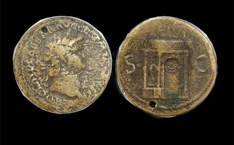 Nero, as Augustus (AD 54-68). AE sestertius (33mm, 6h). ANACS F 12, holed.