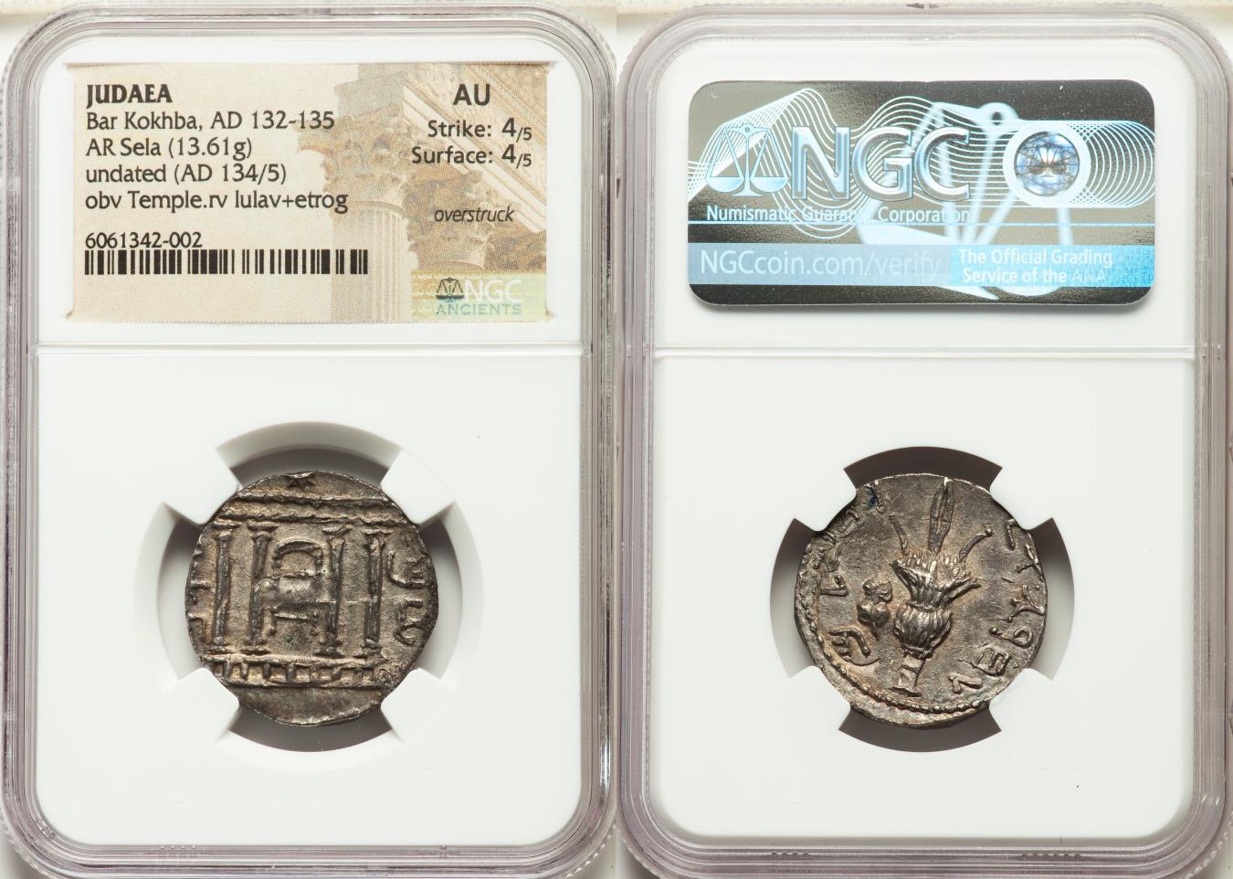 JUDAEA. Bar Kokhba Revolt (AD 132-135). AR sela (25mm, 13.61 gm, 1h). NGC AU 4/5 - 4/5 ...
