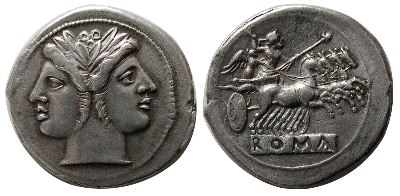 ROMAN REPUBLIC, Anonymous. Ca. 225–214 BC. AR Quadrigatus-Didrachm.