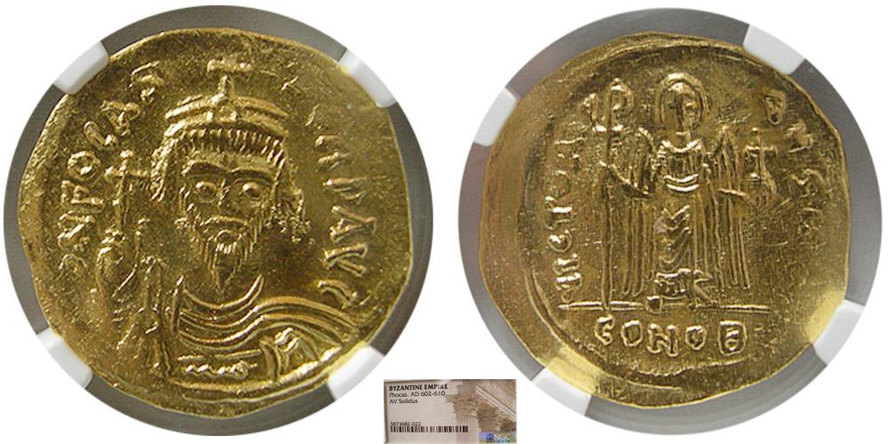 BYZANTINE EMPIRE. Phocas. AD. 602-610. AV Solidus. NGC. Fully lustrous.