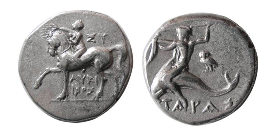 CALABRIA, Tarentum. Circa 280-272 BC. Silver Nomos. | Greek Coins