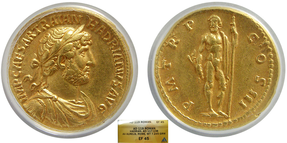 ROMAN EMPIRE; Hadrian. 117-138 AD. Gold Aureus. ANACS-EF 45. | Roman ...