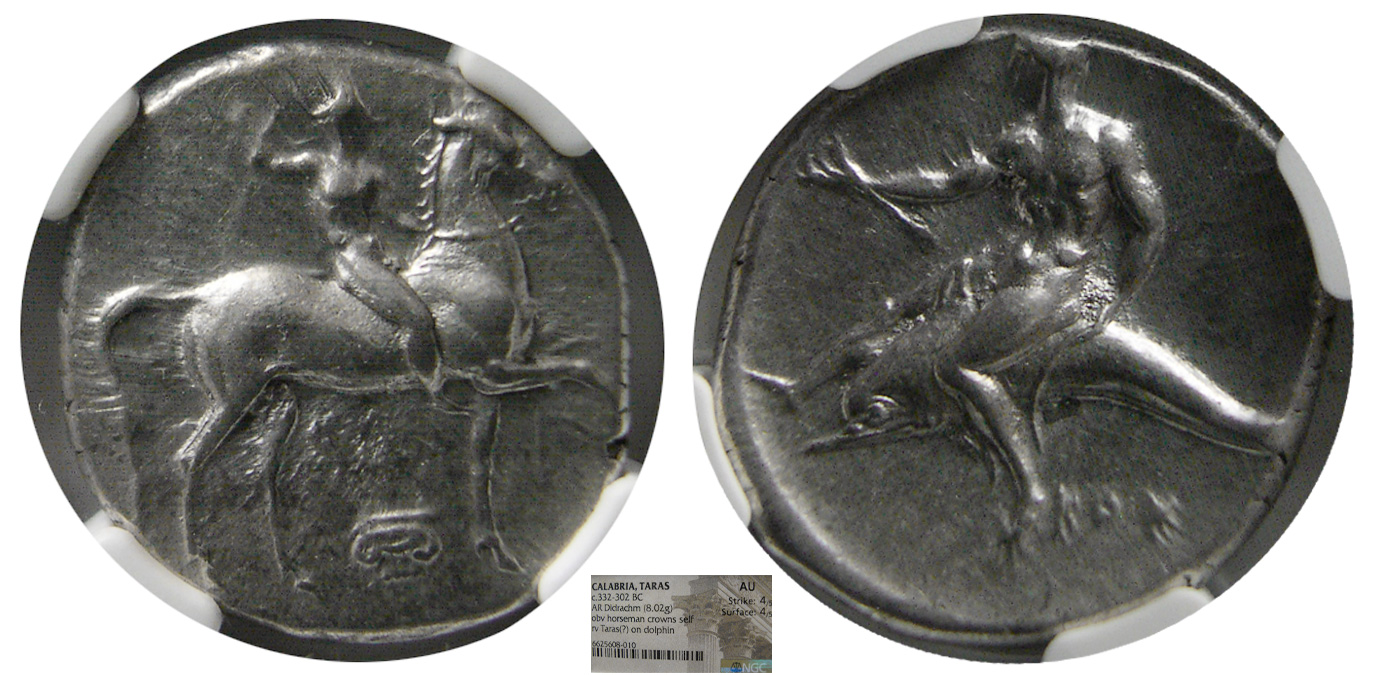CALABRIA, Taras. Circa 332-302 BC. AR Didrachm. NGC-AU. | Greek Coins