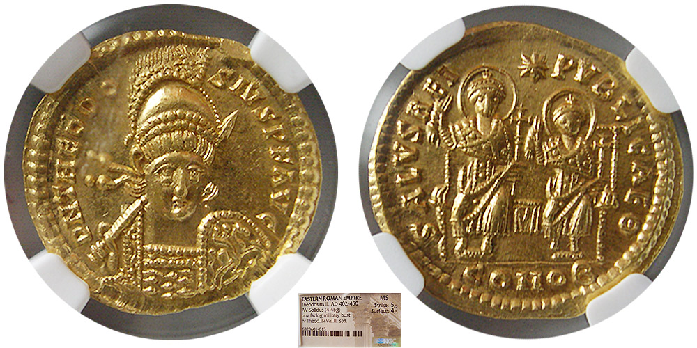 ROMAN EMPIRE, Theodosius II. AD. 402-450. Gold Solidus. NGC-MS.