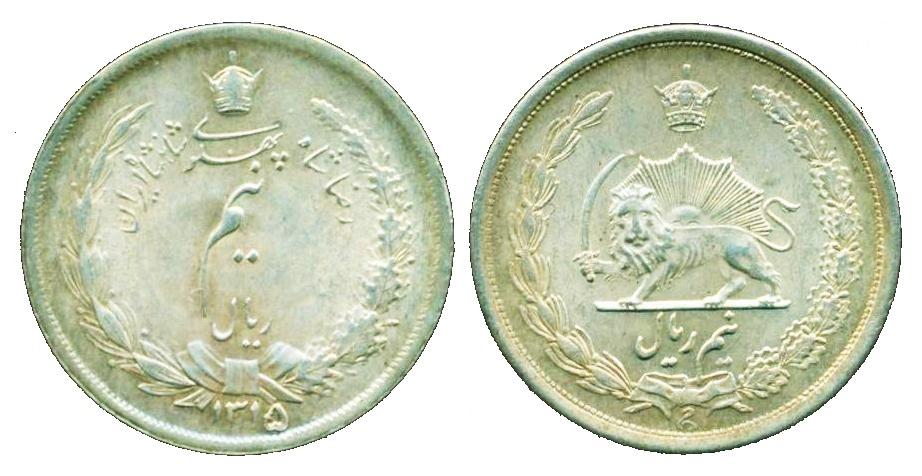 IRAN, PAHLAVI: 1936 Reza Shah SILVER 1/2 Nim RIAL SH 1315, Berlin Mint ...