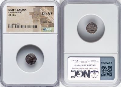 Sicily, Catana, Ar Litra circa 460-450 BC. Rare. NGC Ch VF.