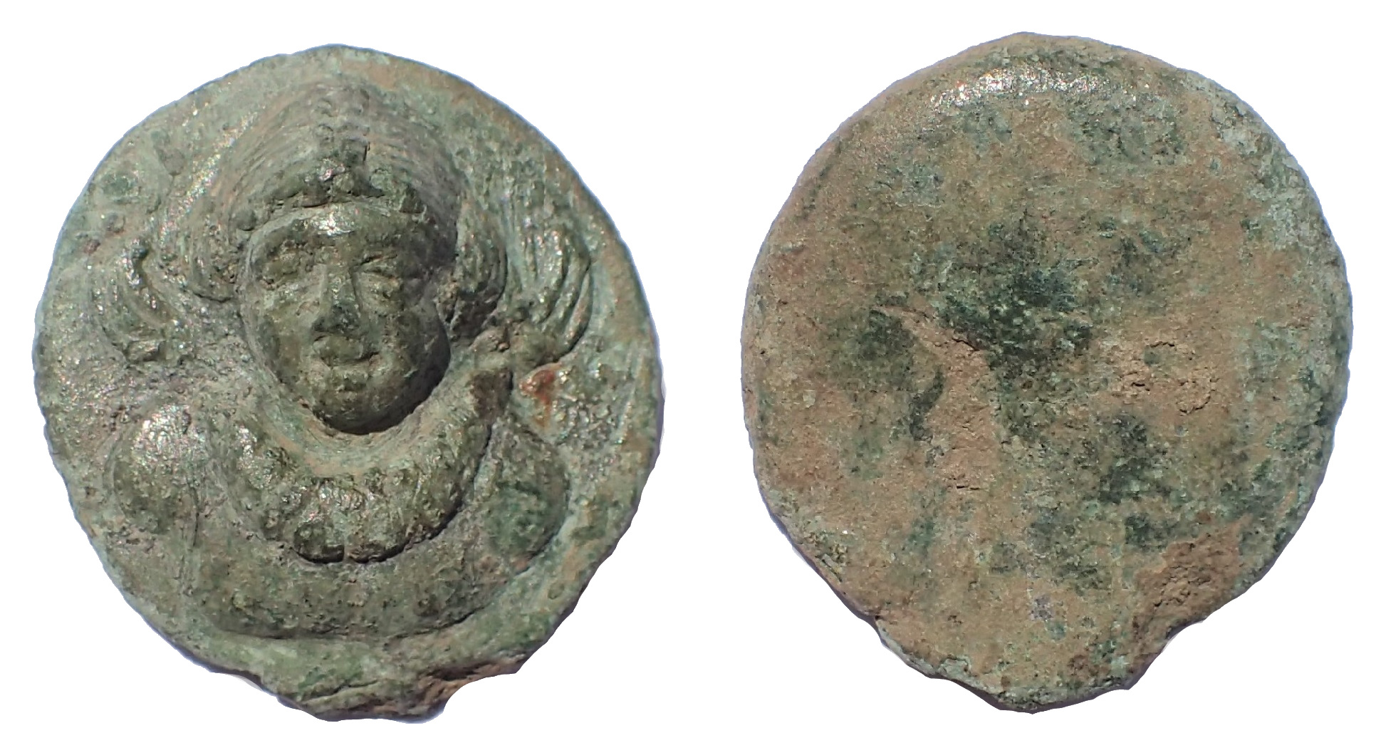 Ancient Greek bronze high relief tessera. 3rd to 1st centuries BC. Ae 26