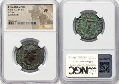Nero, as Apollo playing lyre (AD 54-68). AE As. NGC VF