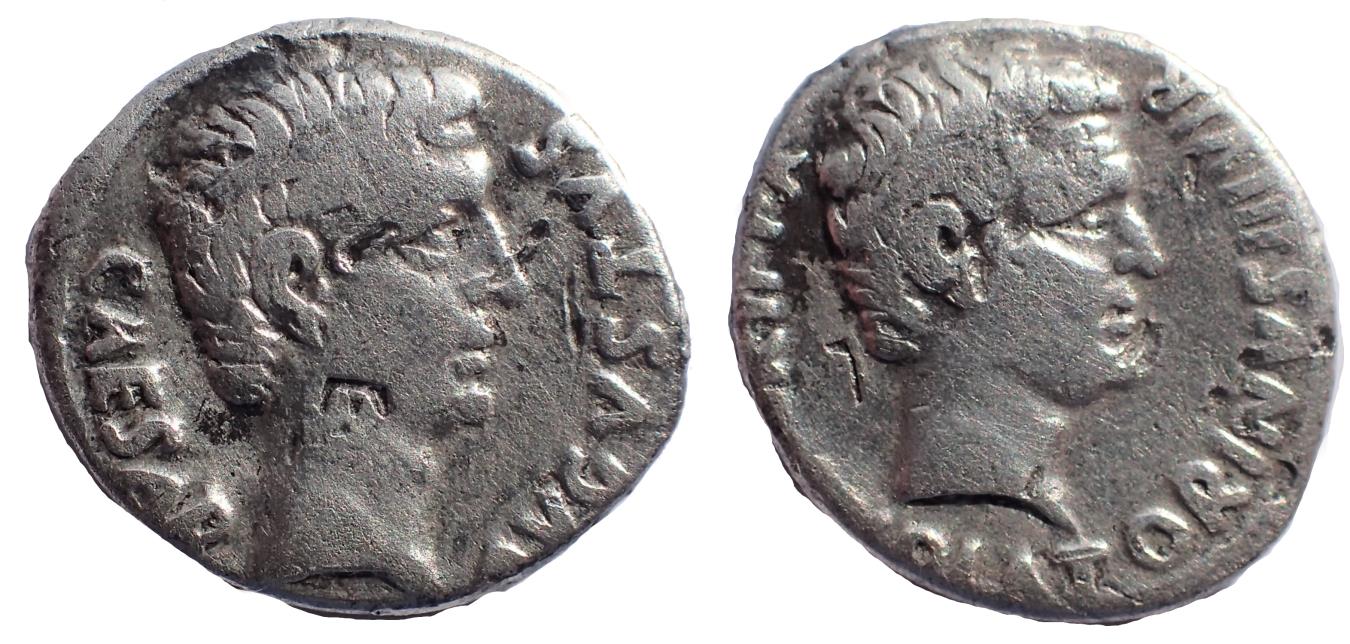 Augustus, with Agrippa (13 BC). Denarius. Very Rare.