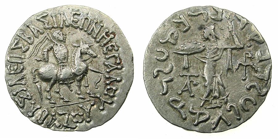 INDO SKYTHIAN.Azes circa 58-12BC.AR.Tetradrachm. Bilingual legends ...