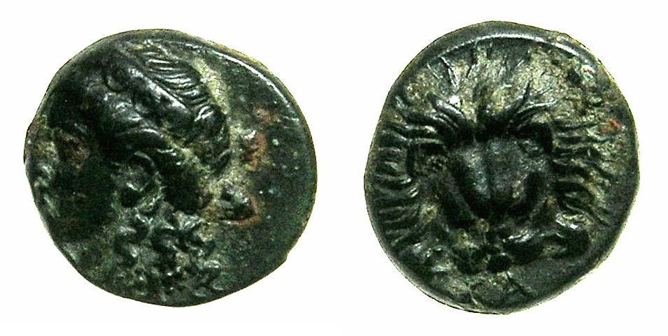 IONIA.Island of SAMOS.Circa 394-365 BC.AE.11.4mm. Hera. Lion scalp.