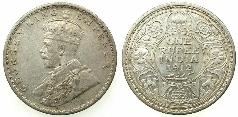 INDIA.British Rule.George V 1910-1936.AR.One Rupee 1912 Bombay mint.