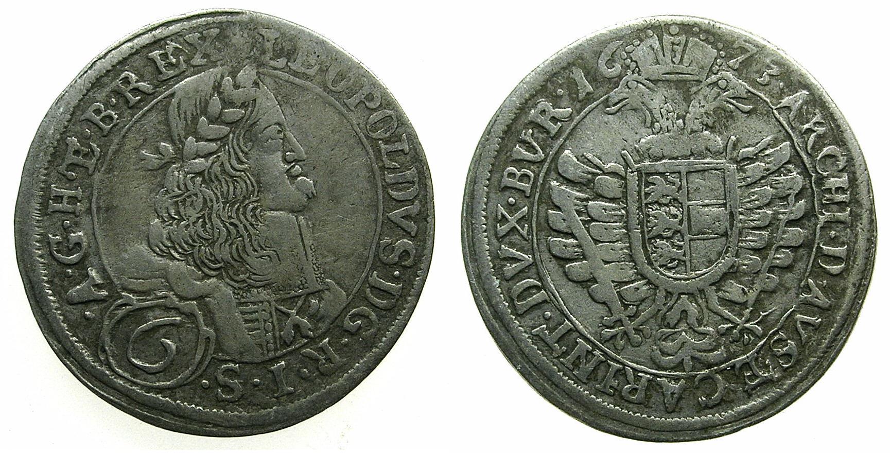 AUSTRIA.Leopold I H..R.E AD 1657-1705.AR.6 Kreuzer.1673.Saint Veit mint.
