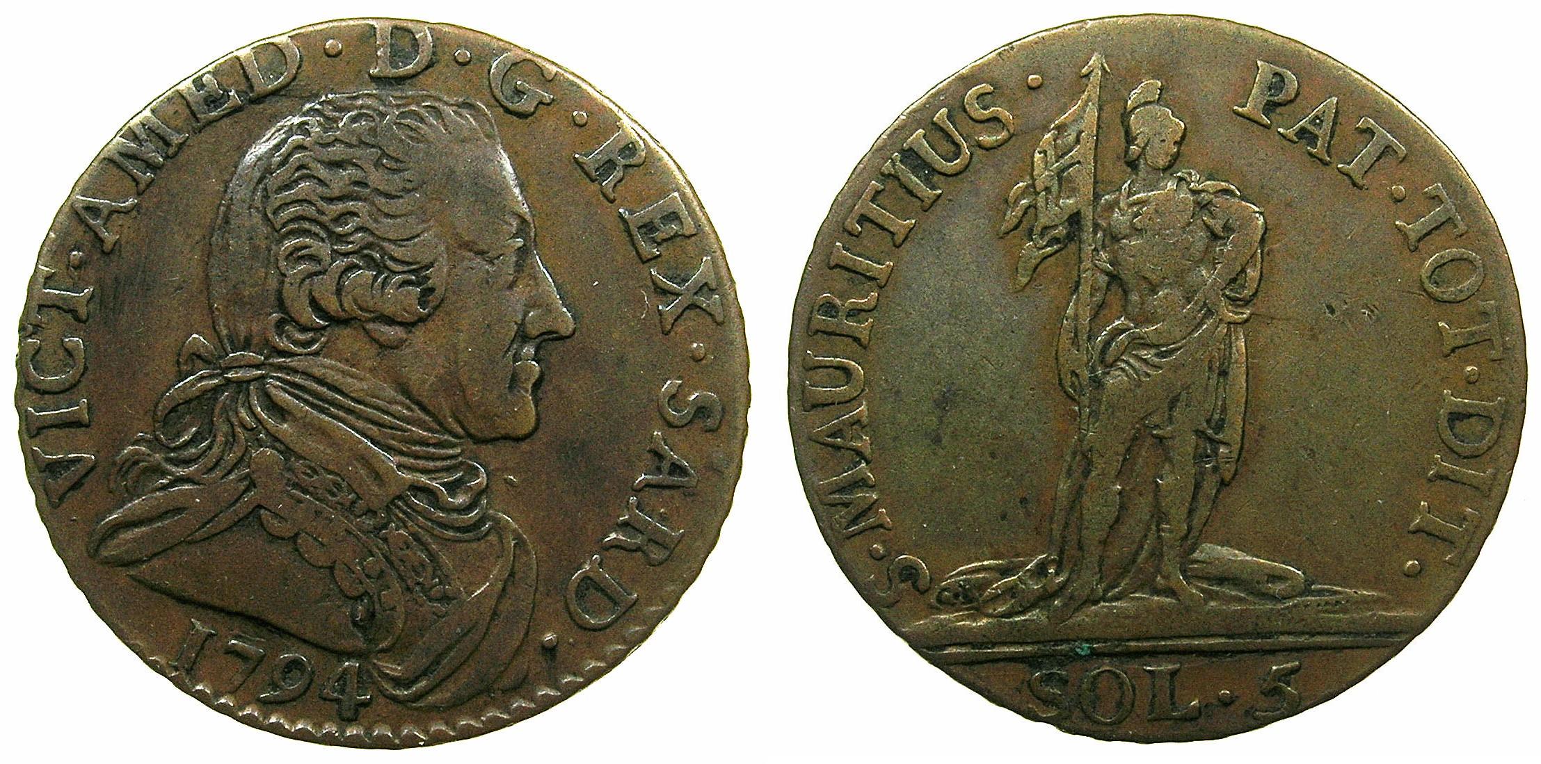ITALY.SAVOY.Vittorio Amadeo III AD 1773-1796.AE.5 Soldi 1794.