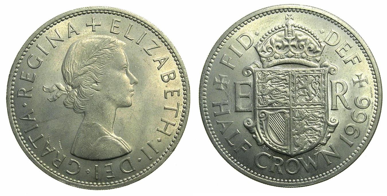 UNITED KINGDOM.Elizabeth II 1952-2022.Cupro-Nickel.Half crown.1966.