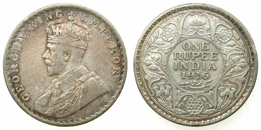 INDIA.British Rule.George V 1910-1936.AR.One Rupee 1916 Bombay mint.
