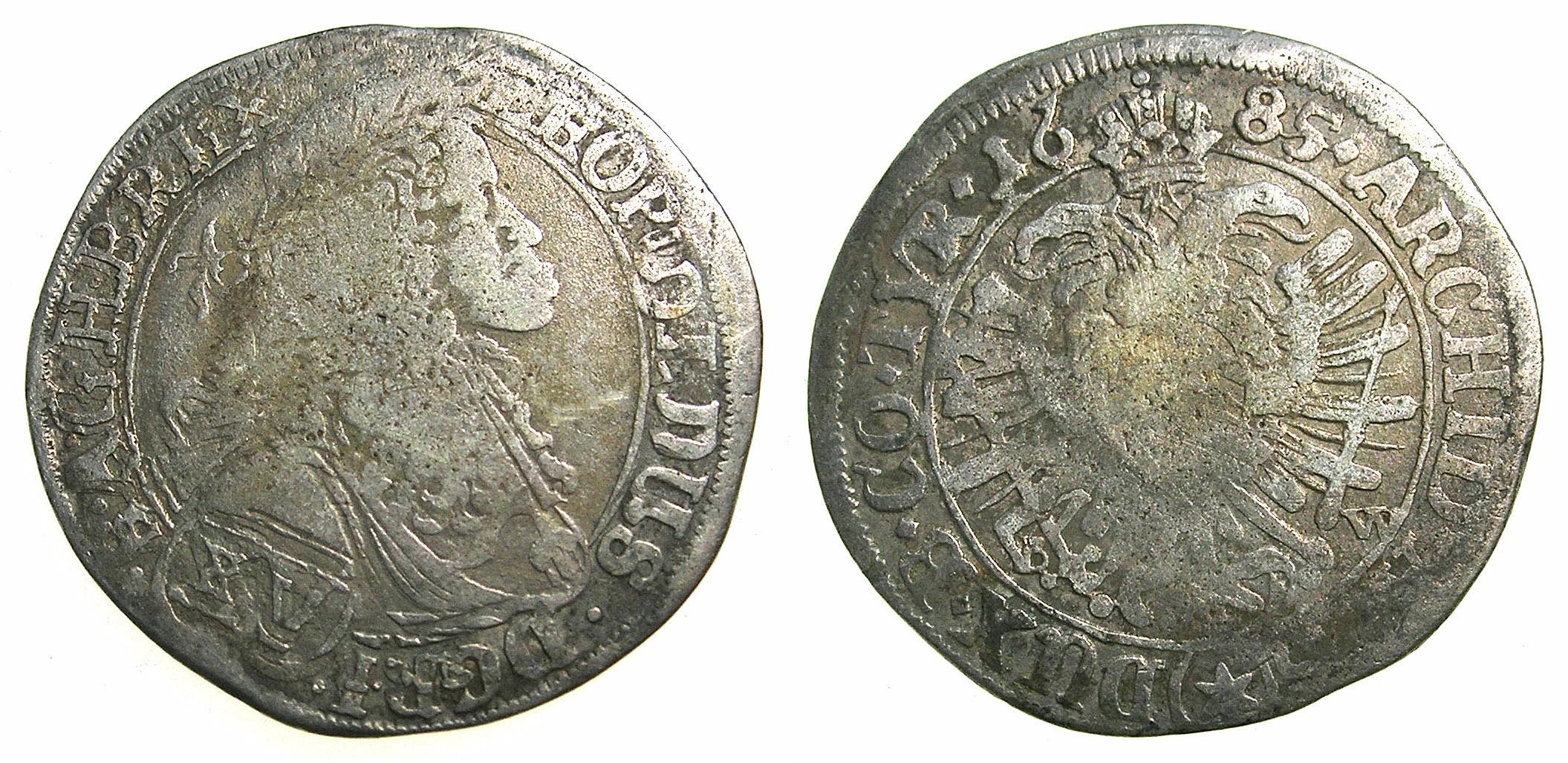 AUSTRIA.Leopold I H..R.E AD 1657-1705.AR.15 Kreuzer.1685 B-W..Mint of ...