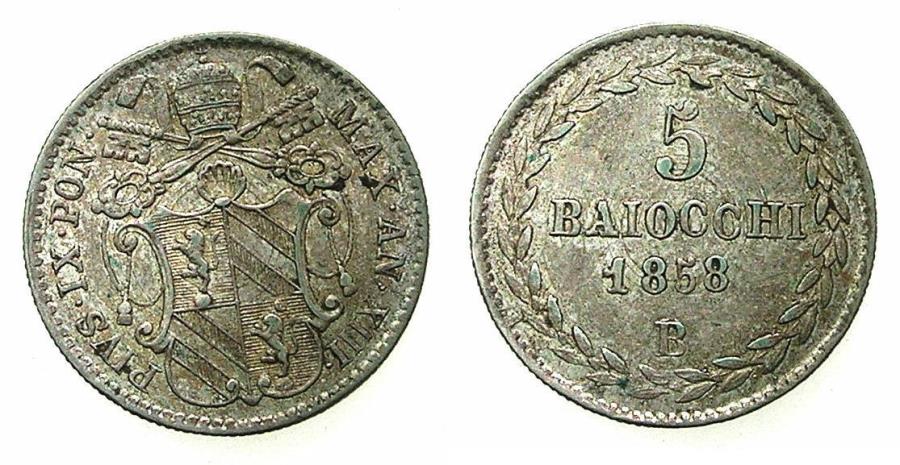 VATICAN.Pope Pius IX AD 1846-1878.AR.5 Baiocchi.1858B. Bologna mint.