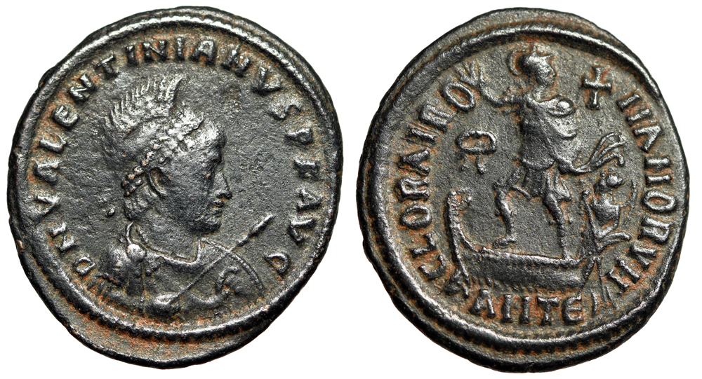 Valentinian II AE2 Helmeted with Spear & Shield / Galley Antioch RIC 40b