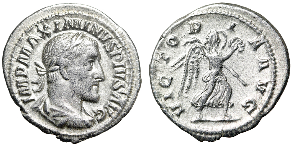 Maximinus I Thrax AR Denarius Victory Running Rome Good Very Fine