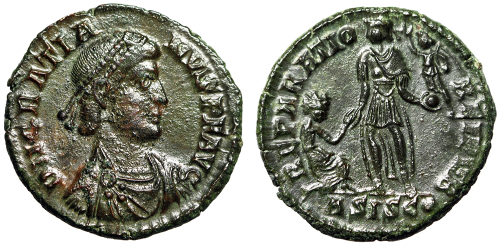 Gratian AE2 Raising Kneeling Woman Siscia Good Very Fine | Roman ...