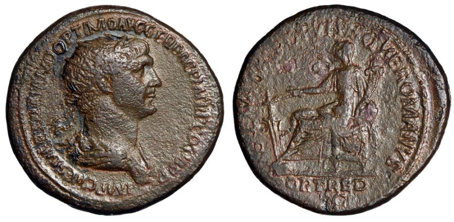 Trajan Dupondius Fortuna Seated, Rudder Rome RIC 653 Good Fine Brown Patina