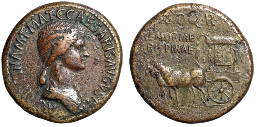 Agrippina I Senior AE Sestertius Portrait & Carpentum Under Caligula VF