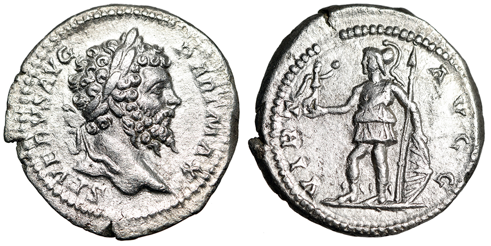 Septimius Severus AR Denarius Virtus with Shield & Spear Extremely Fine