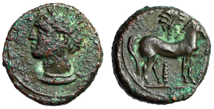 Zeugitania, Carthage AE15 Wreathed Tanit & Horse By Palm Tree About EF