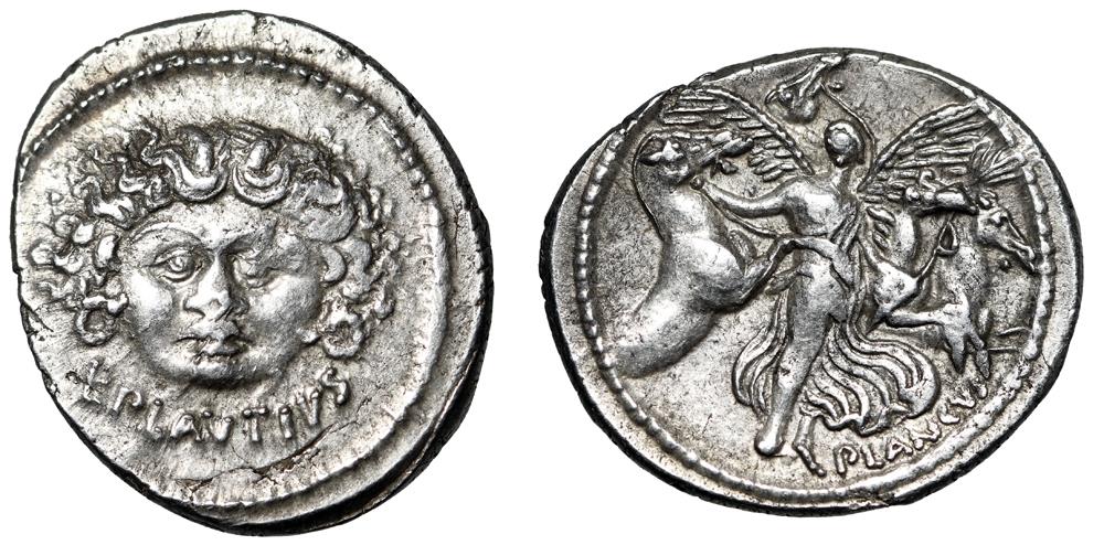 Plautius Plancus AR Denarius Facing Medusa & Aurora, Foure Horses of ...