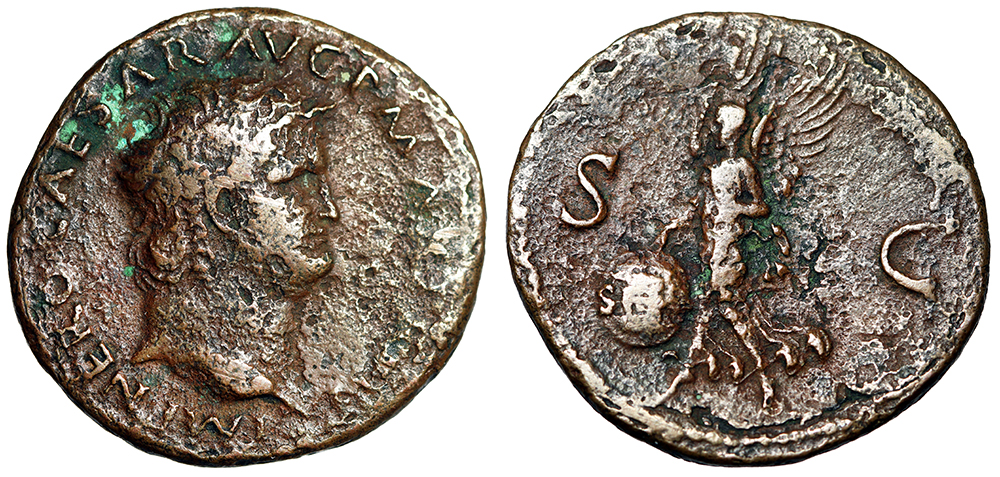 Nero AE As Victory, SPQR Shield Lyons 62-68 AD | Roman Imperial Coins