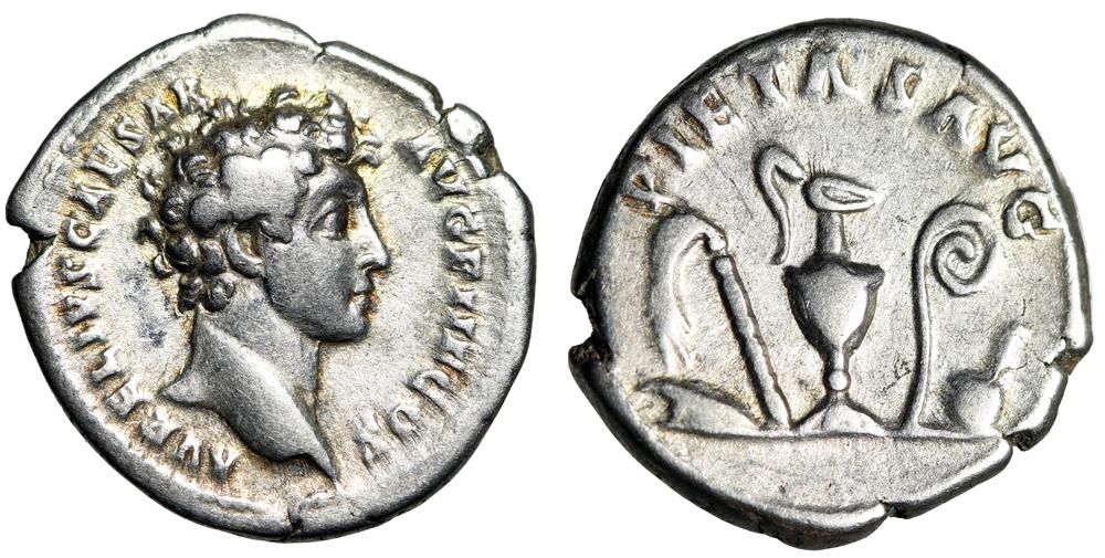 Marcus Aurelius as Caesar AR Denarius Priestly Emblems Very Fine