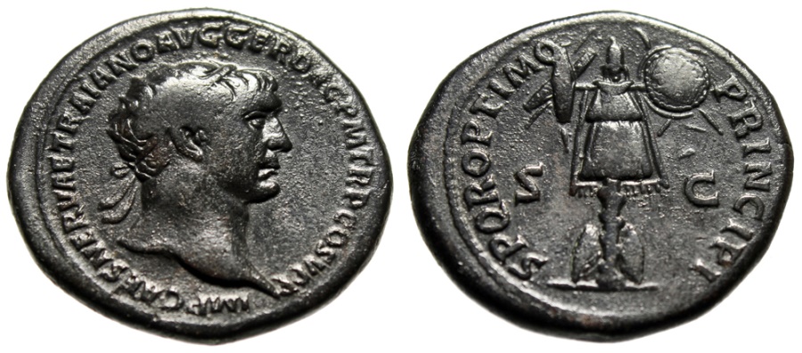 Trajan AE Dupondius SPQR OPTIMO PRINCIPI Trophy, Shields RIC 586 Good Fine