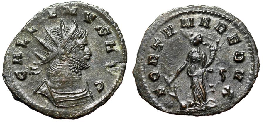 Gallienus AE Antoninianus FORTVNA REDVX Fortuna, Rudder Rome 265 AD EF
